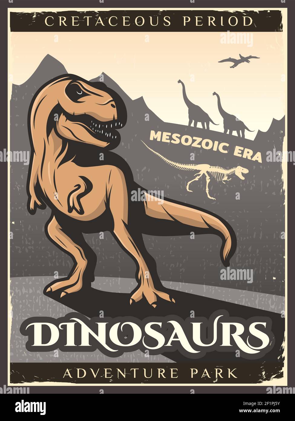 Vintage dinosaur poster with gigantic herbivore carnivore and flying ...