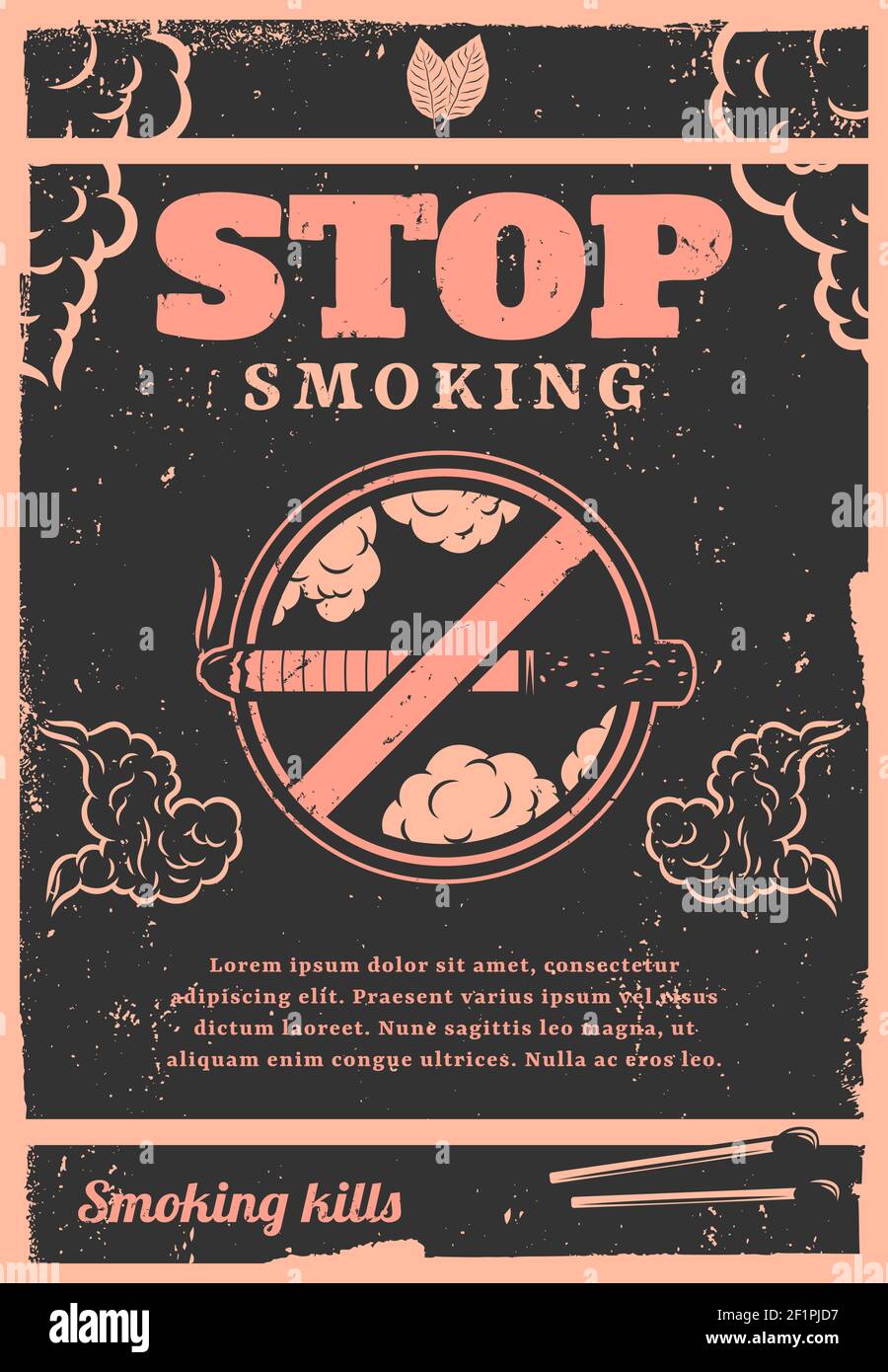 Vintage stop smoking poster with text cigarette matches tobacco leaves ...