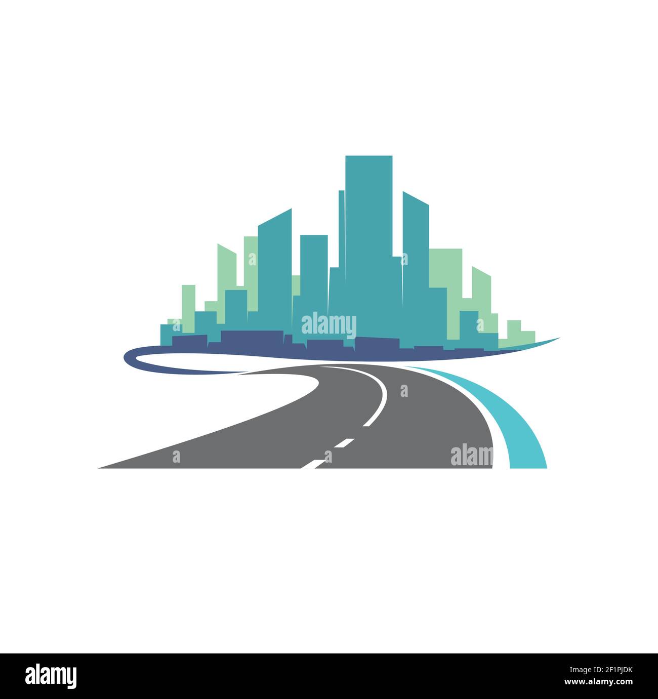 Highway road and city view isolated vector icon. Two lane curve pathway ...
