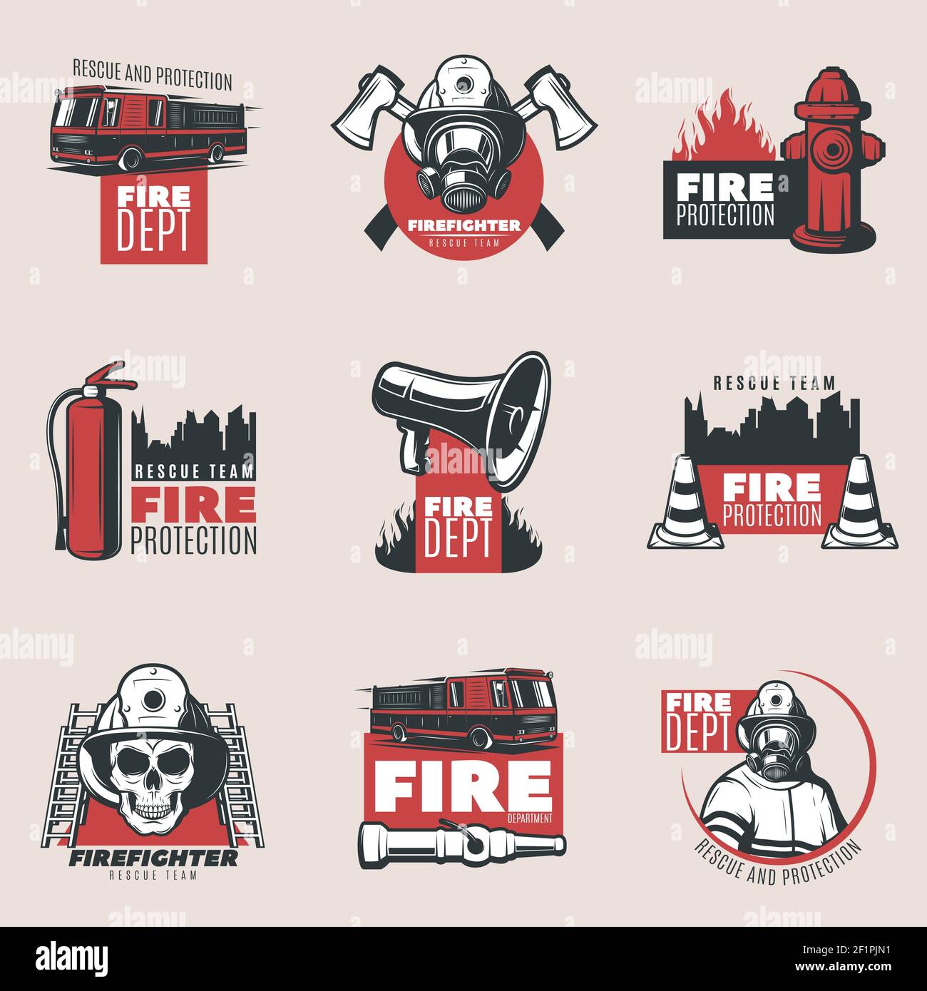 Vintage fire protection logos set of firefighting tools equipment and ...