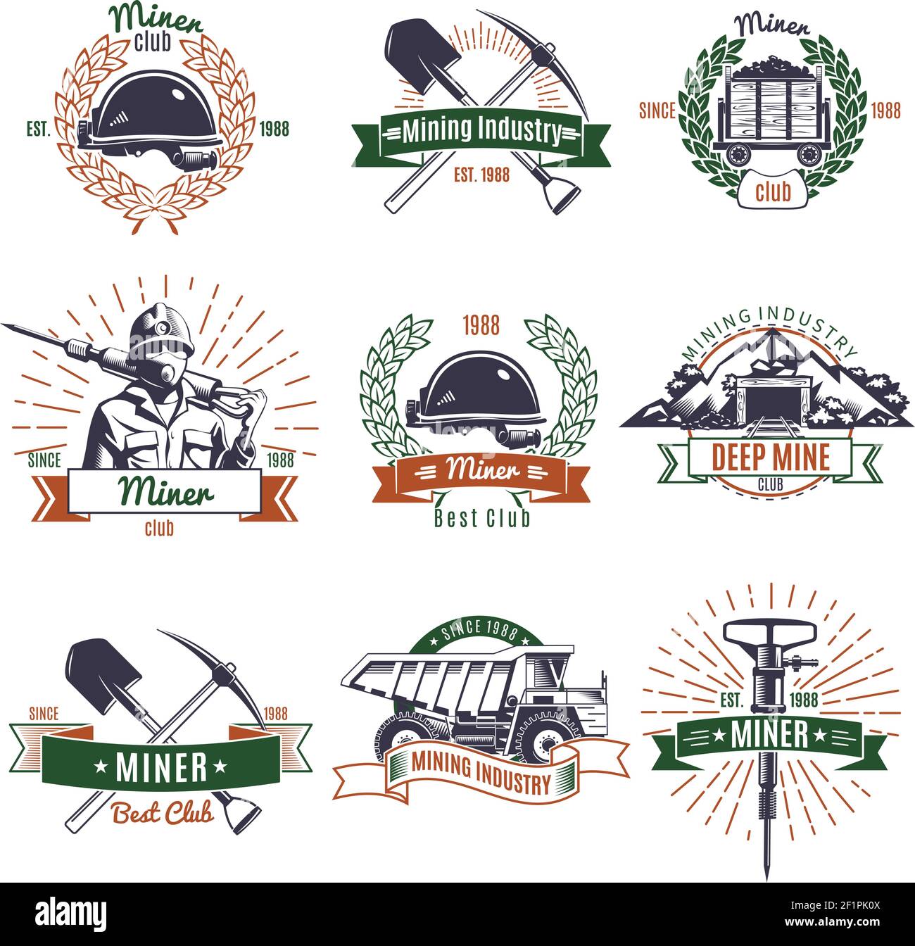 Mining industry colored emblems set with pit tools and truck ribbons ...