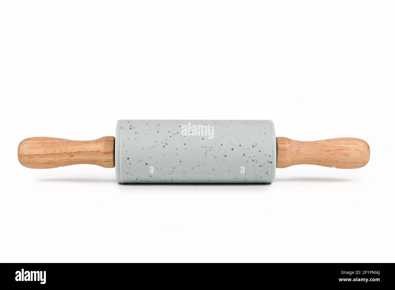 Gray rolling pin baking utensil with wooden handles isolated on white ...