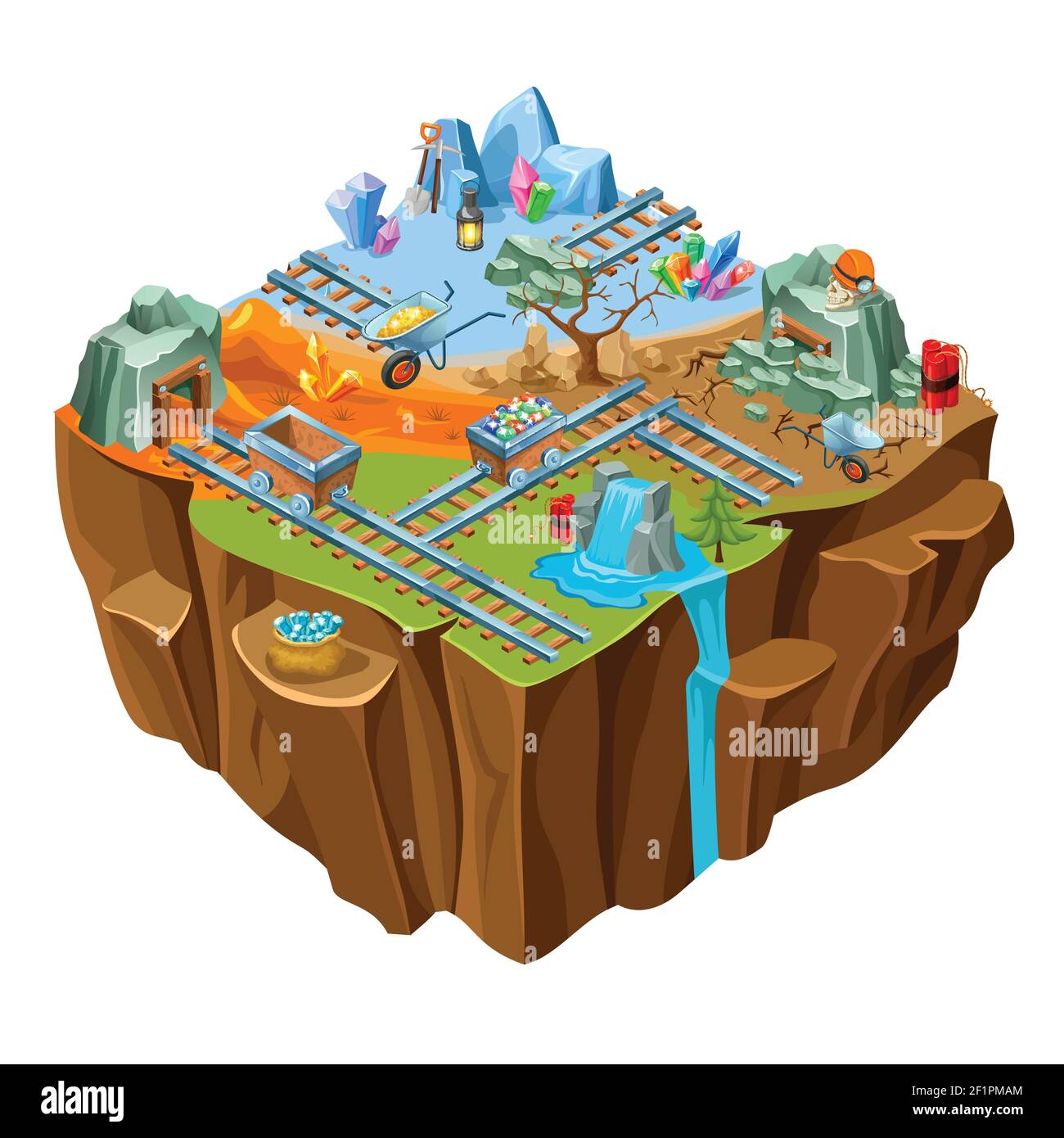 Isometric mining game island template with jewels stones minerals ...