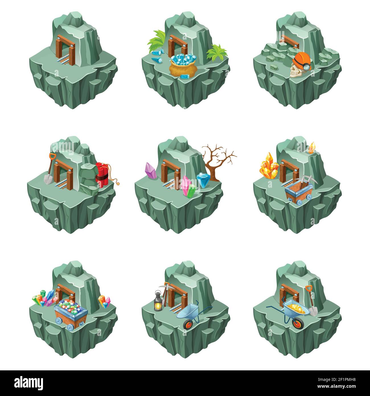 Isometric mining islands set with different elements for game design isolated vector ...