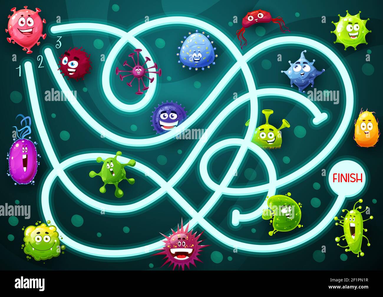 Kids game maze with smiling microbes cartoon characters. Child ...