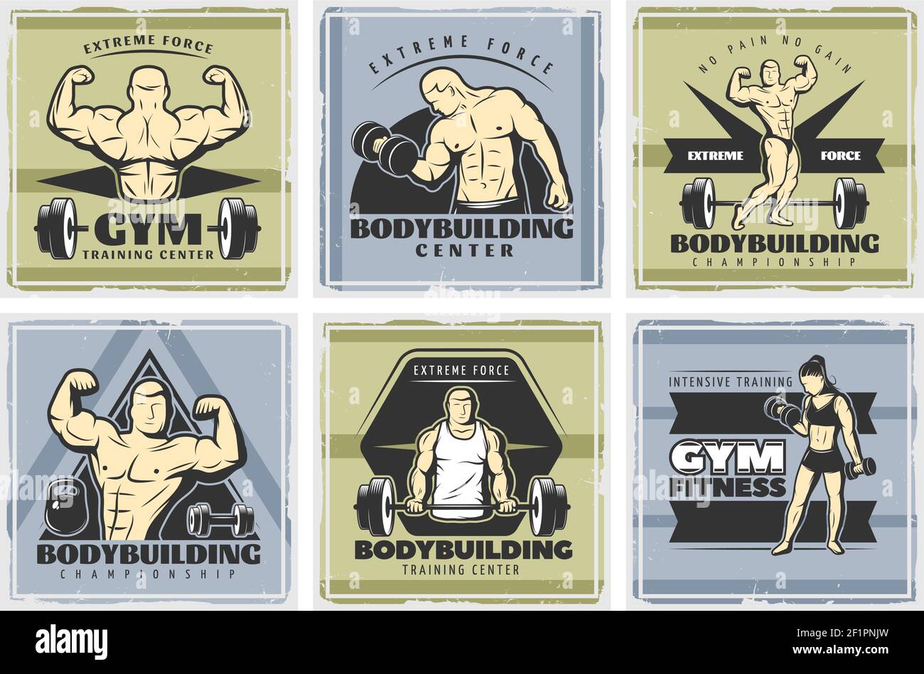 Six square isolated vintage body building poster set with gym fitness ...