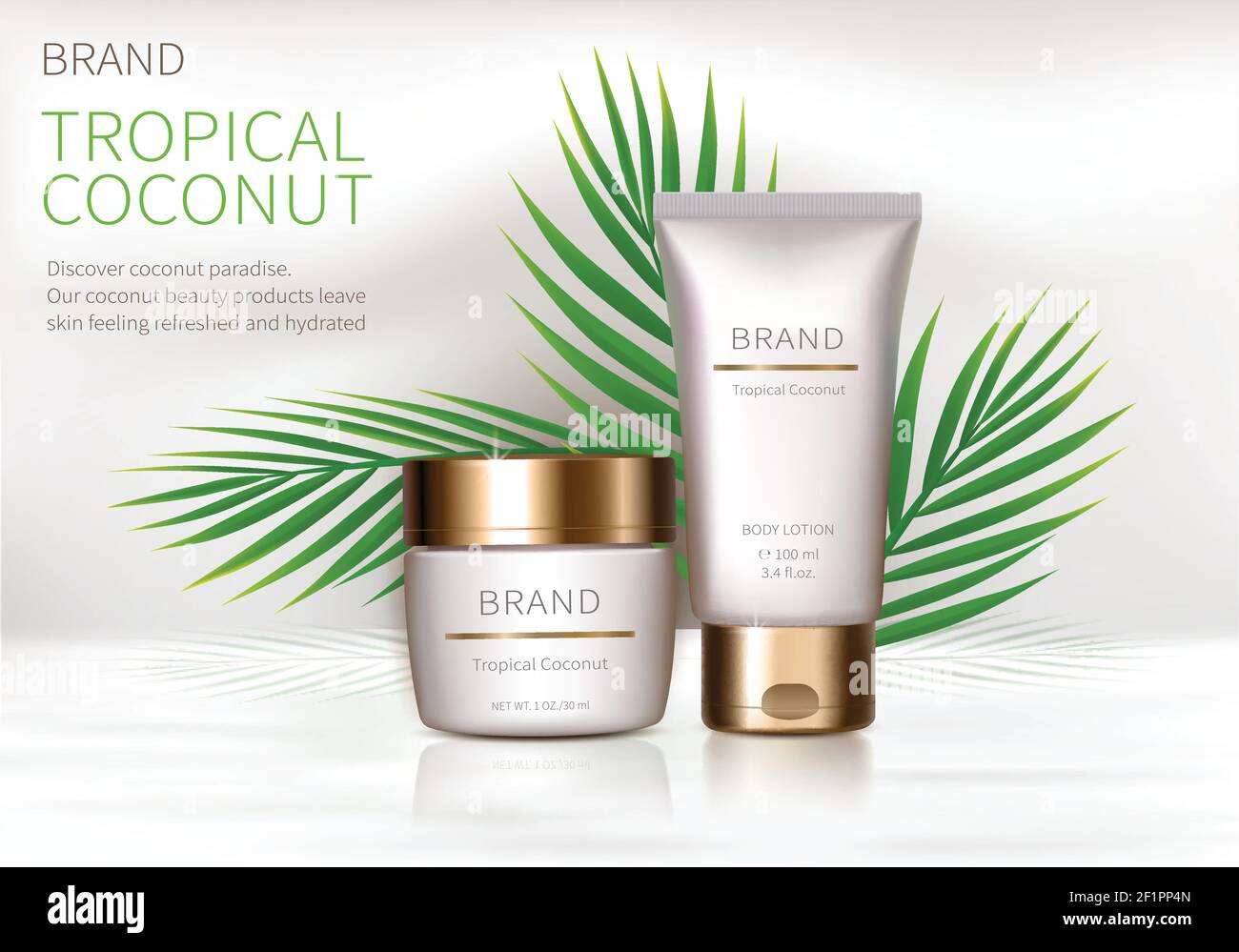 Cosmetic realistic vector background. White jar and tube with golden ...