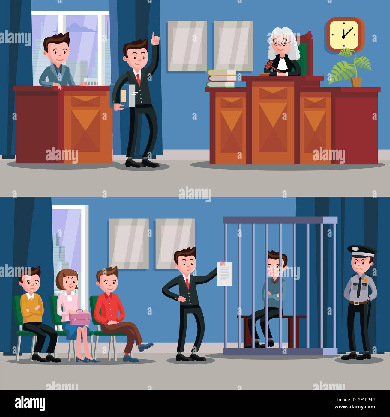 Law system horizontal banners with people at judicial session in ...