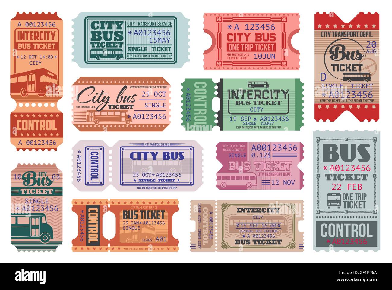 City bus ride retro tickets vector templates set. Passenger ...