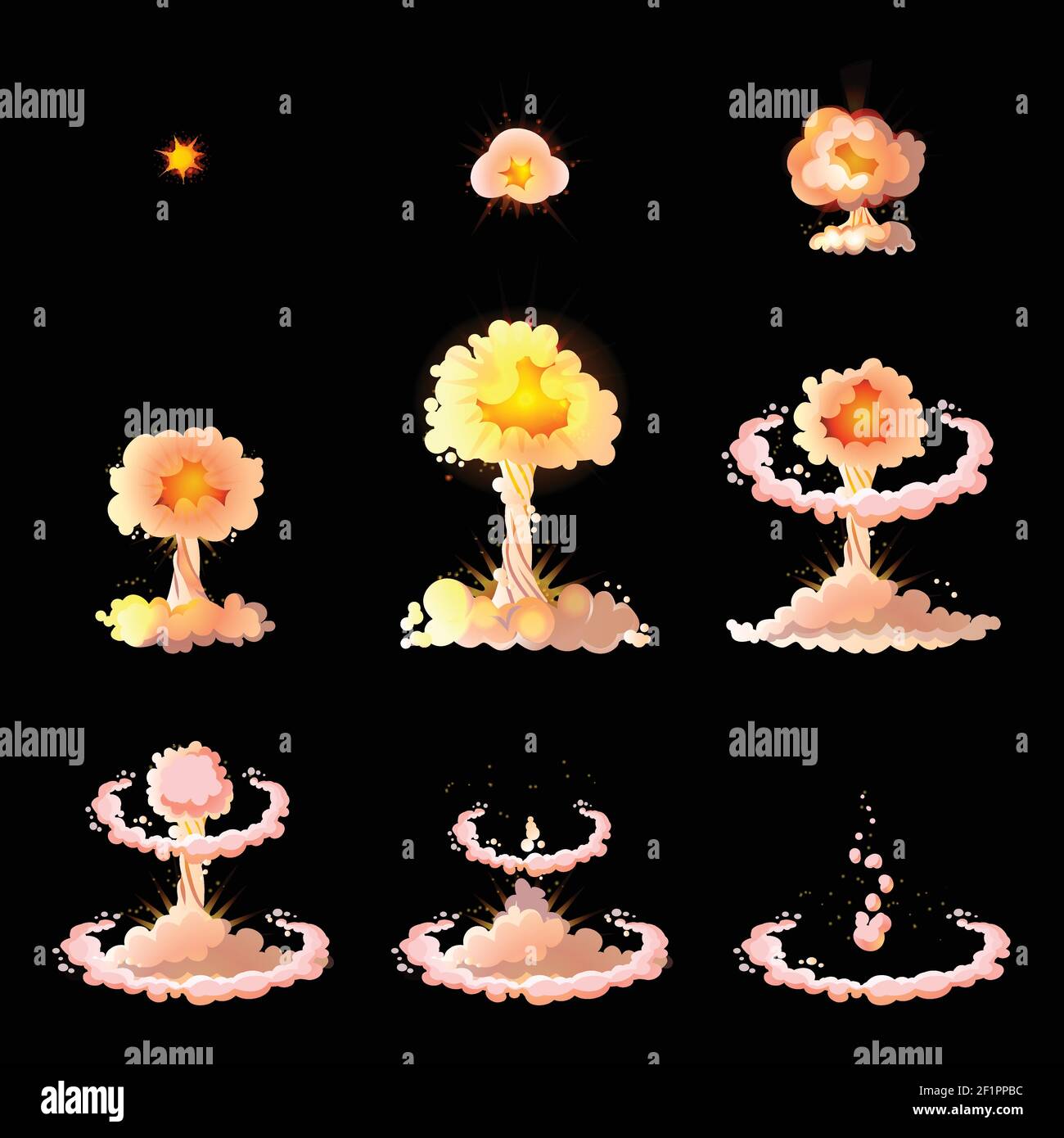 Cartoon explosion animation concept with smoke and fog effects on dark ...