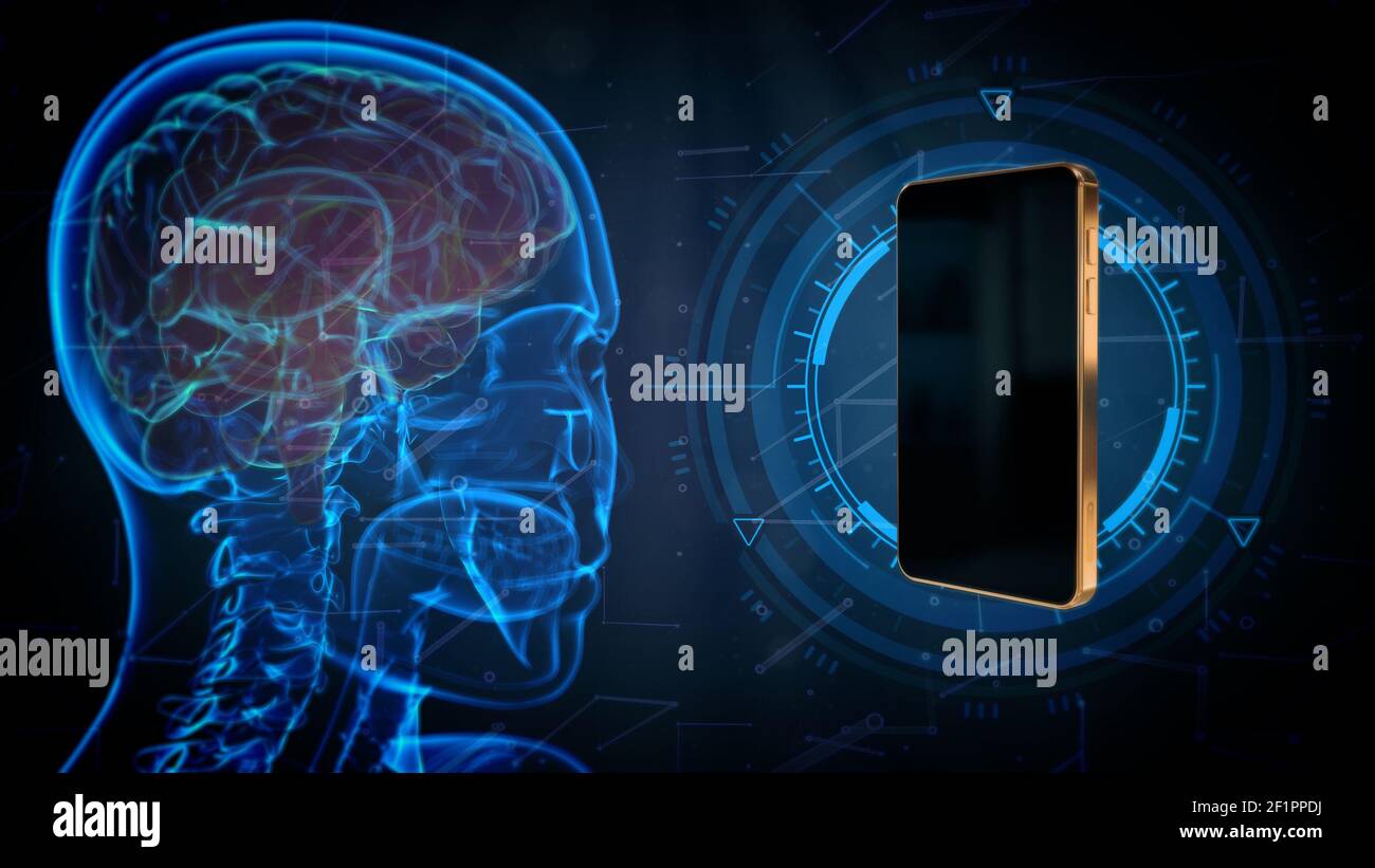 Industrial 3D illustration - holographic human head image with phone ...