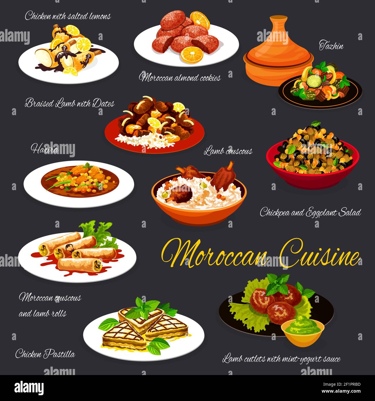 Moroccan cuisine vector menu dishes chicken with salted lemons, braised ...