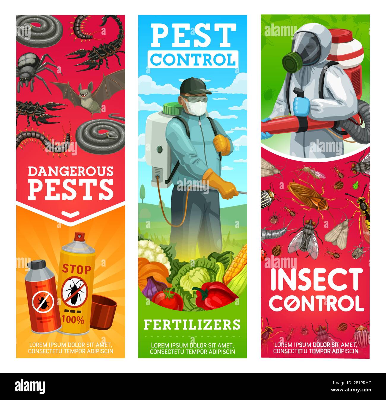 Garden pest and insects control banners. Man in hazmat suit and gas ...
