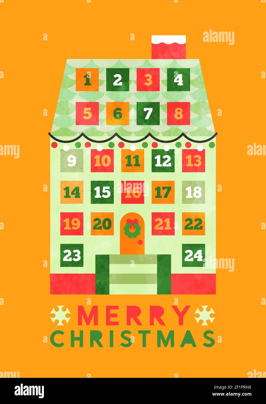 Merry Christmas advent calendar card illustration, cute watercolor ...