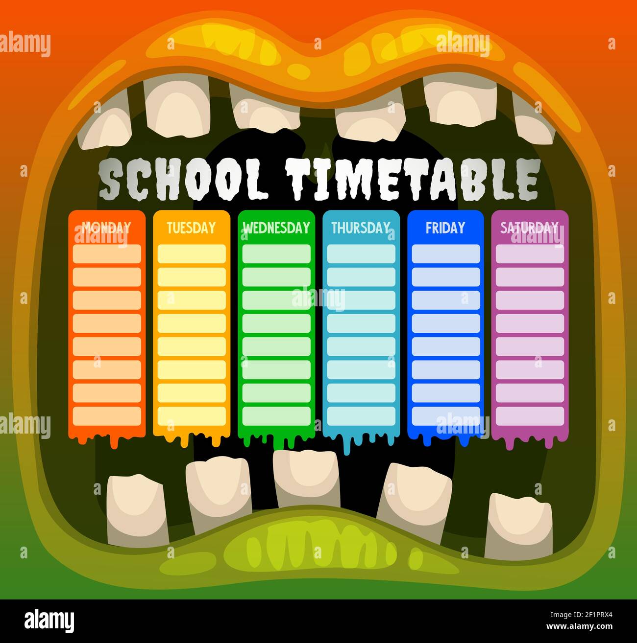 School timetable with vector frame of Halloween monster mouth. Children ...