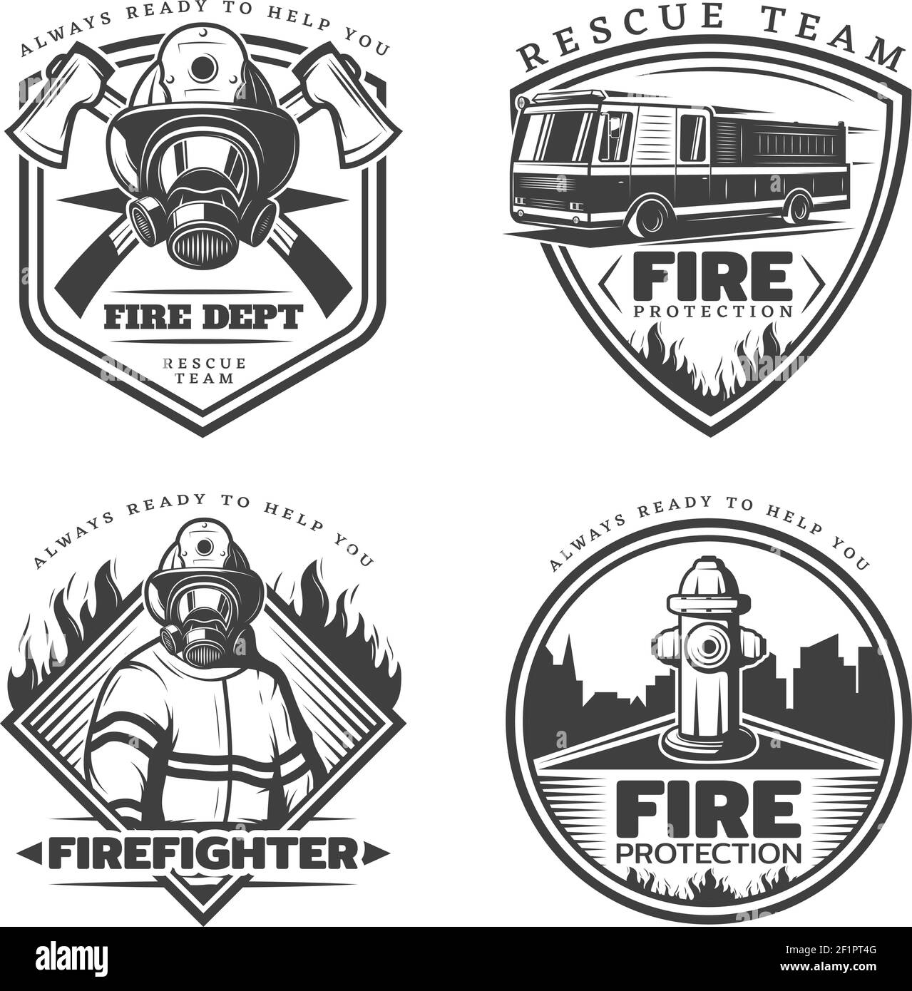 Vintage firefighting emblems set with fireman fire engine hydrant and ...