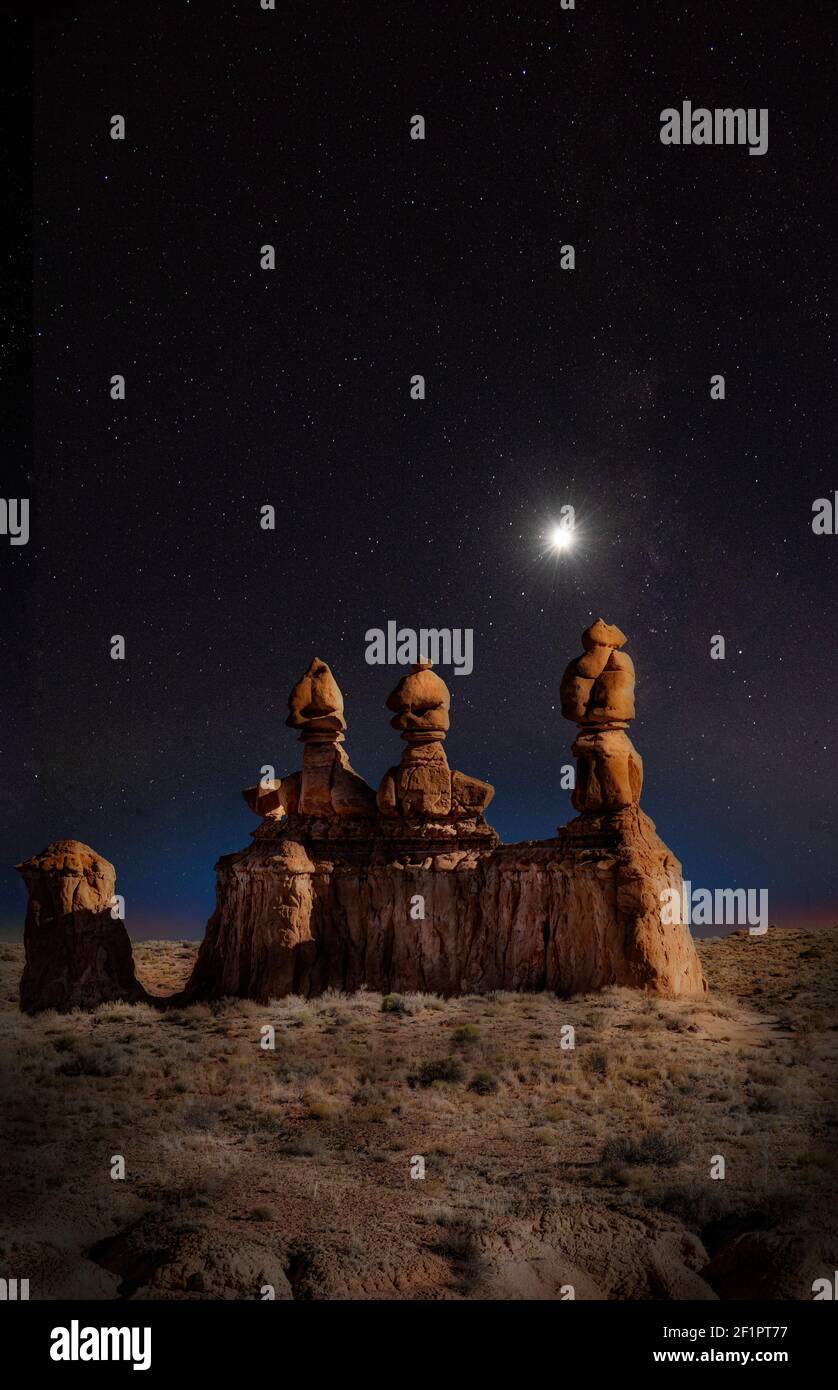 Three Sisters Rocks Goblin Valley Utah.A astro landscape composite ...