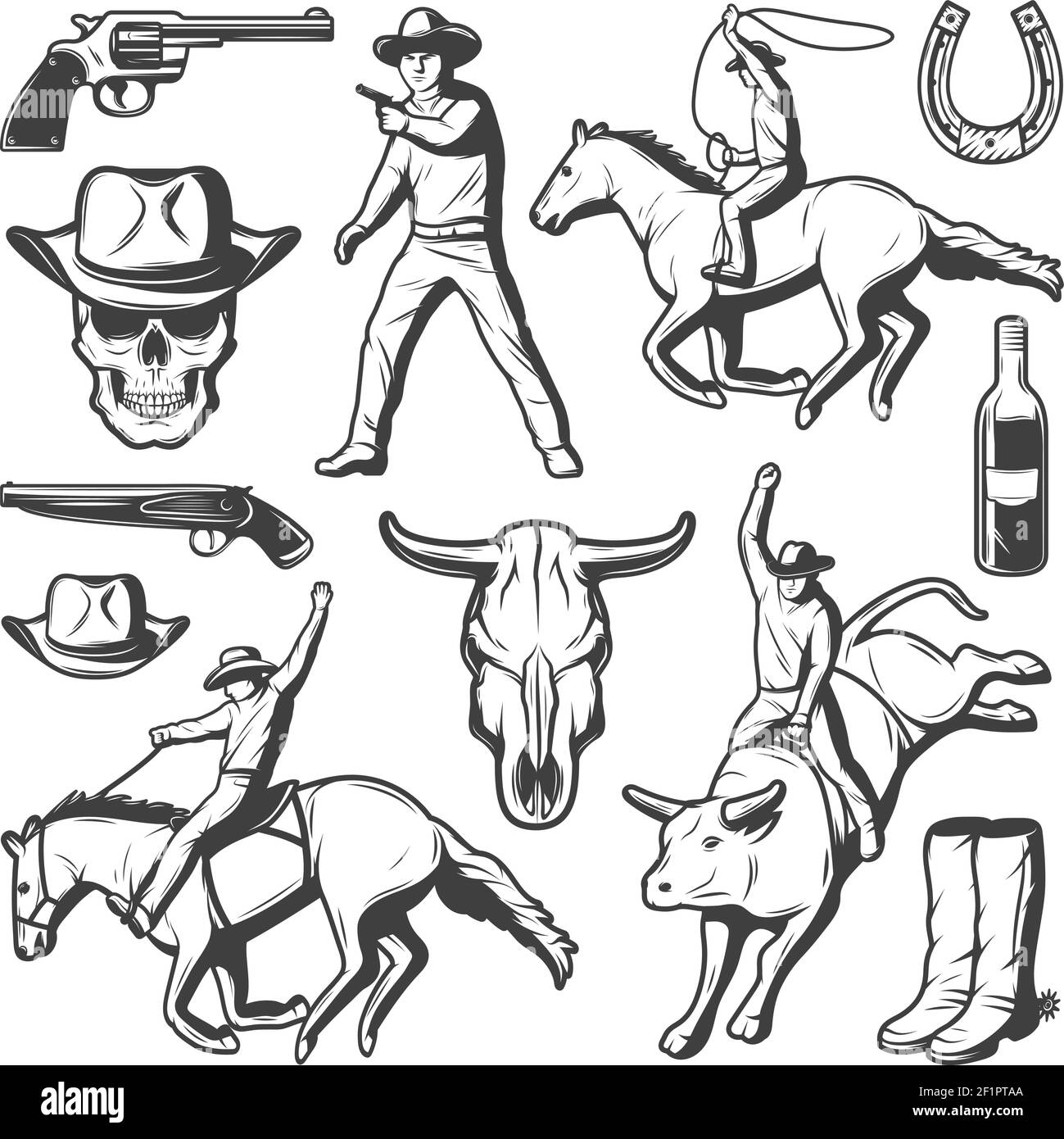 Vintage rodeo elements set with weapons western objects cowboys riding ...