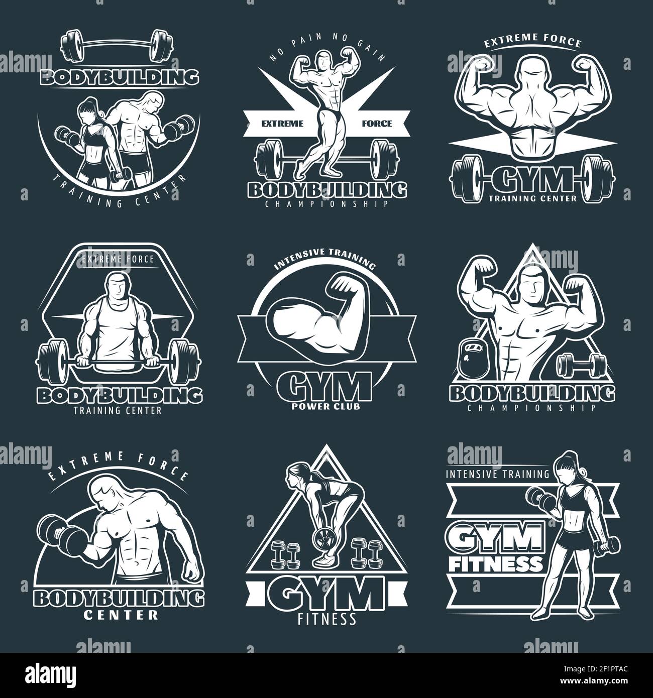 White bodybuilding emblem set isolated and with gym fitness extreme ...