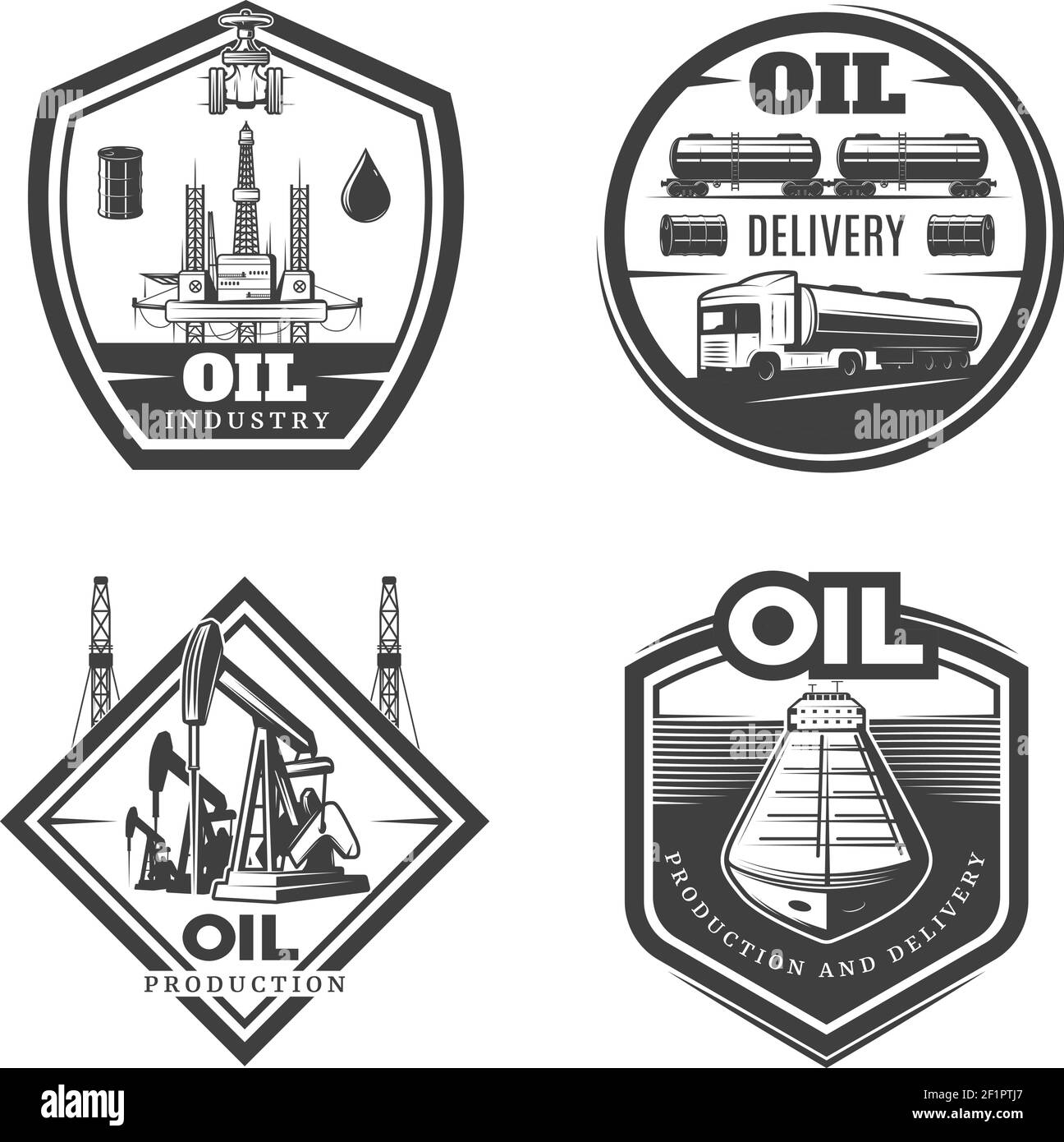 Vintage petroleum industry labels with oil extraction production ...