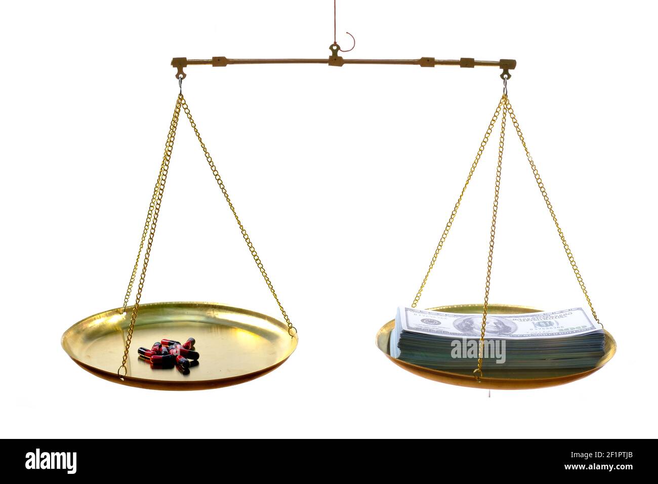 Scales with medicine on one side and money banknote 100 USD on the ...