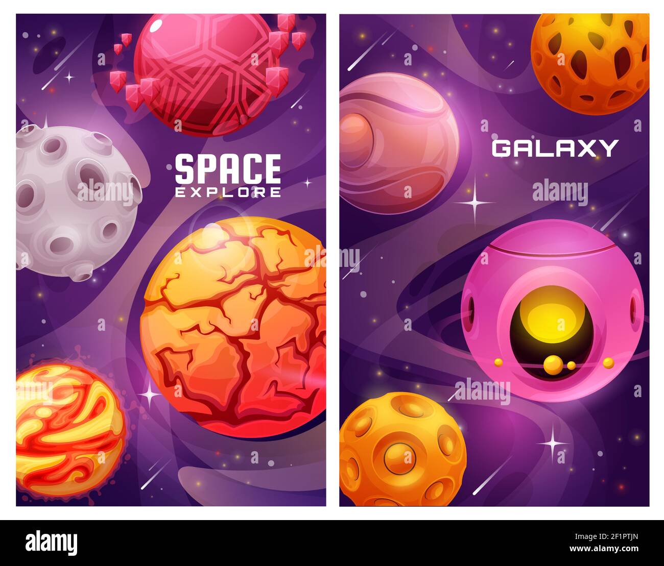 Space galaxy explore posters with cartoon vector fantasy planets ...