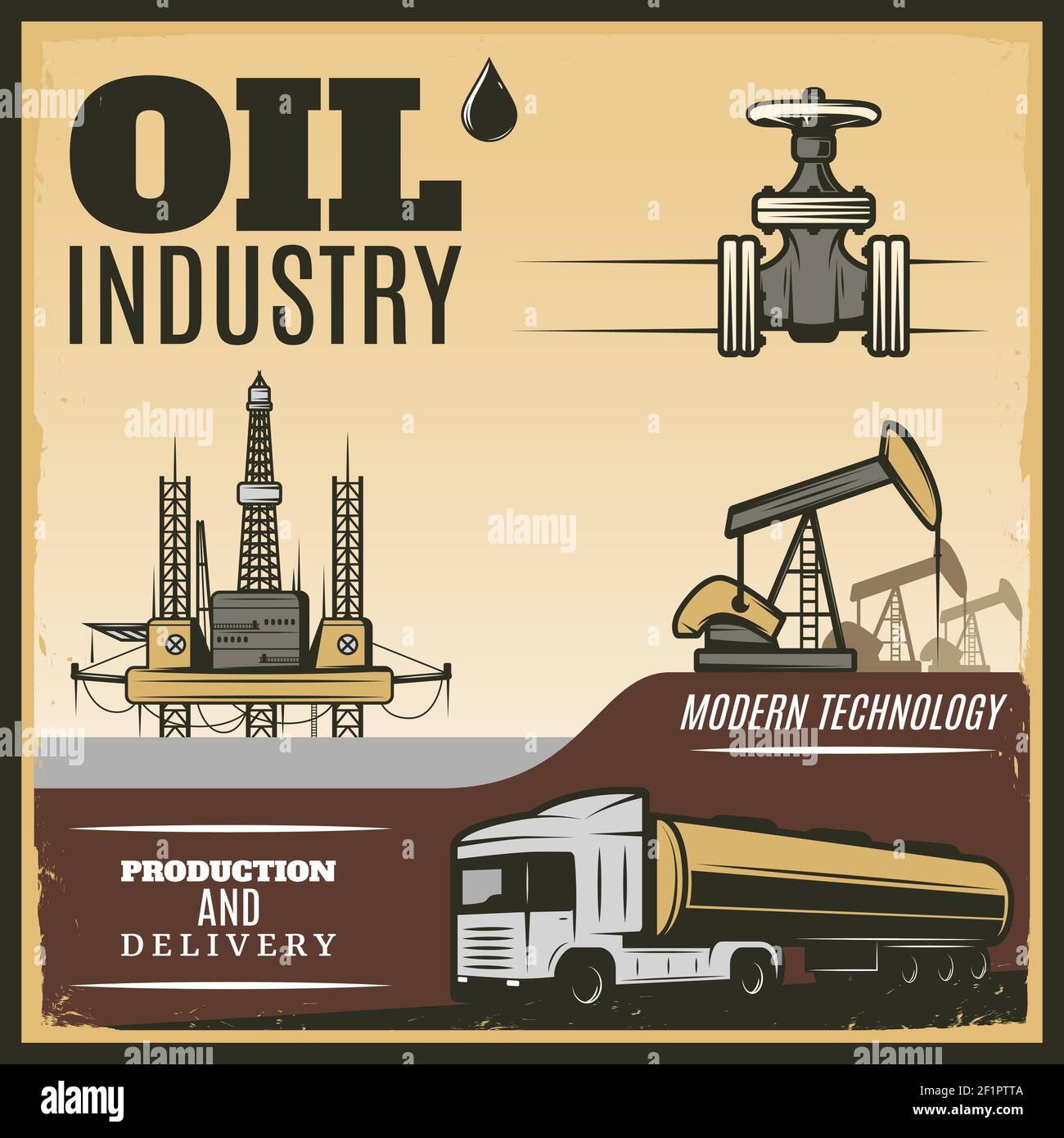 Vintage oil industry poster with petrochemical station drilling rig ...