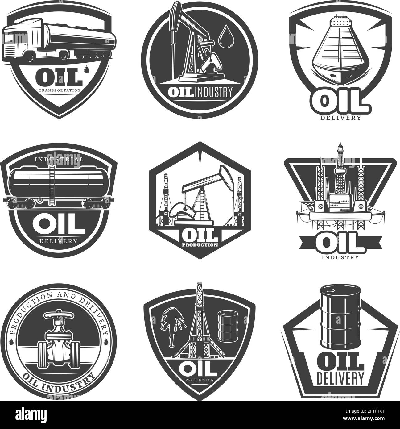 Monochrome oil industry labels with extraction petroleum equipment and ...