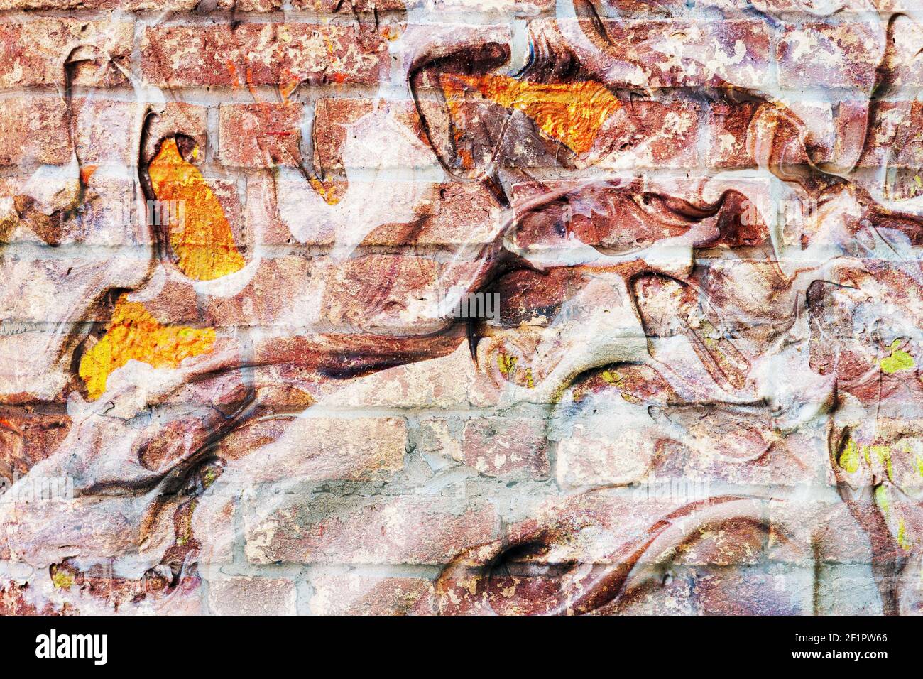 Cracked and scratched wall with colorful graffiti. Abstract street art ...