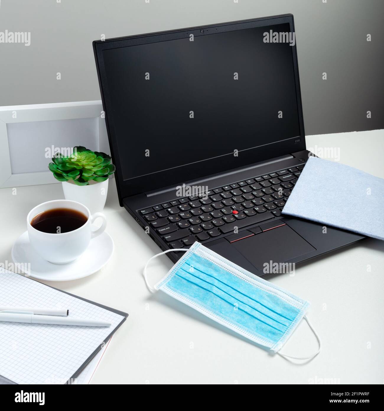 Laptop blank mock up. Protective face medical blue mask, Disinfectant ...