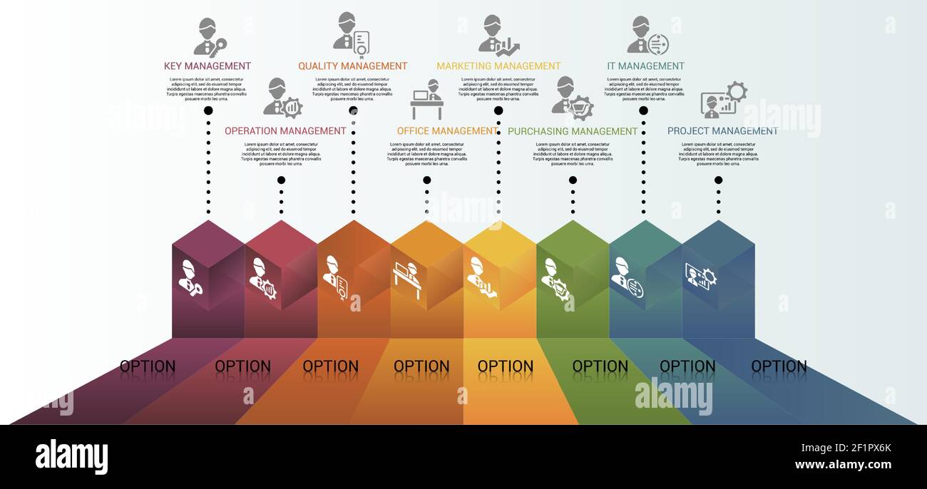 Infographic Company Management template. Icons in different colors ...