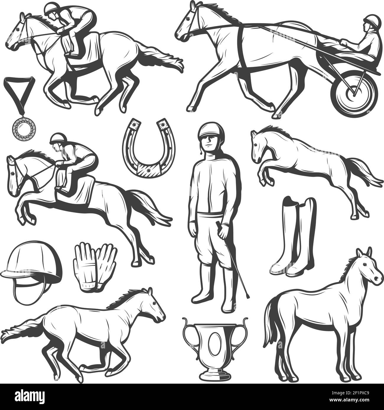 Vintage equestrian sport elements collection with horses riders cup ...
