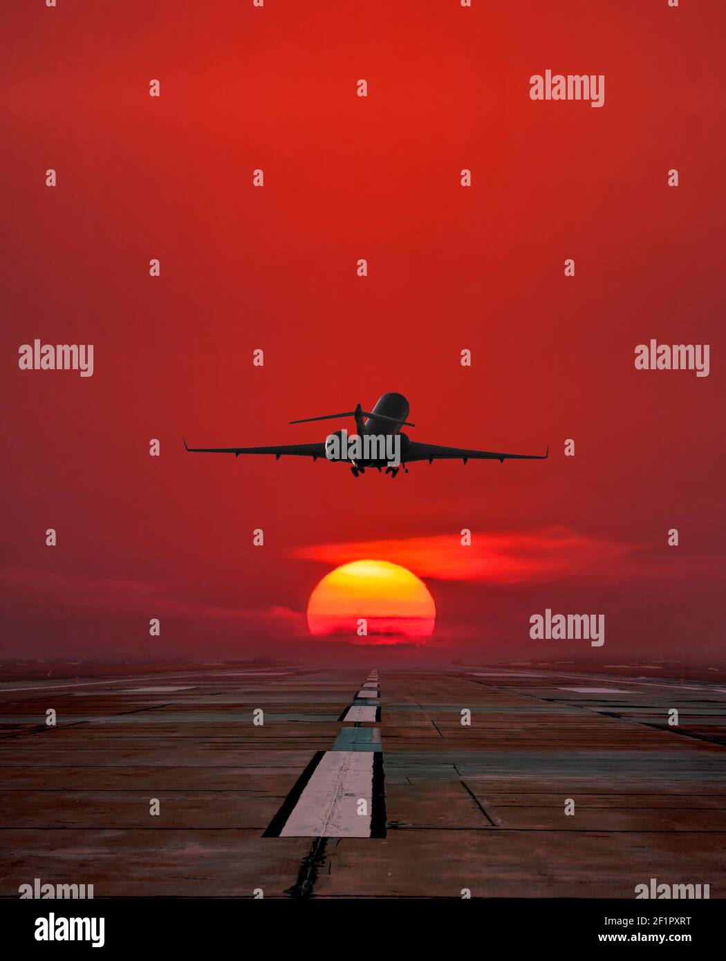 Corporate business jet take off from airport runway against the ...