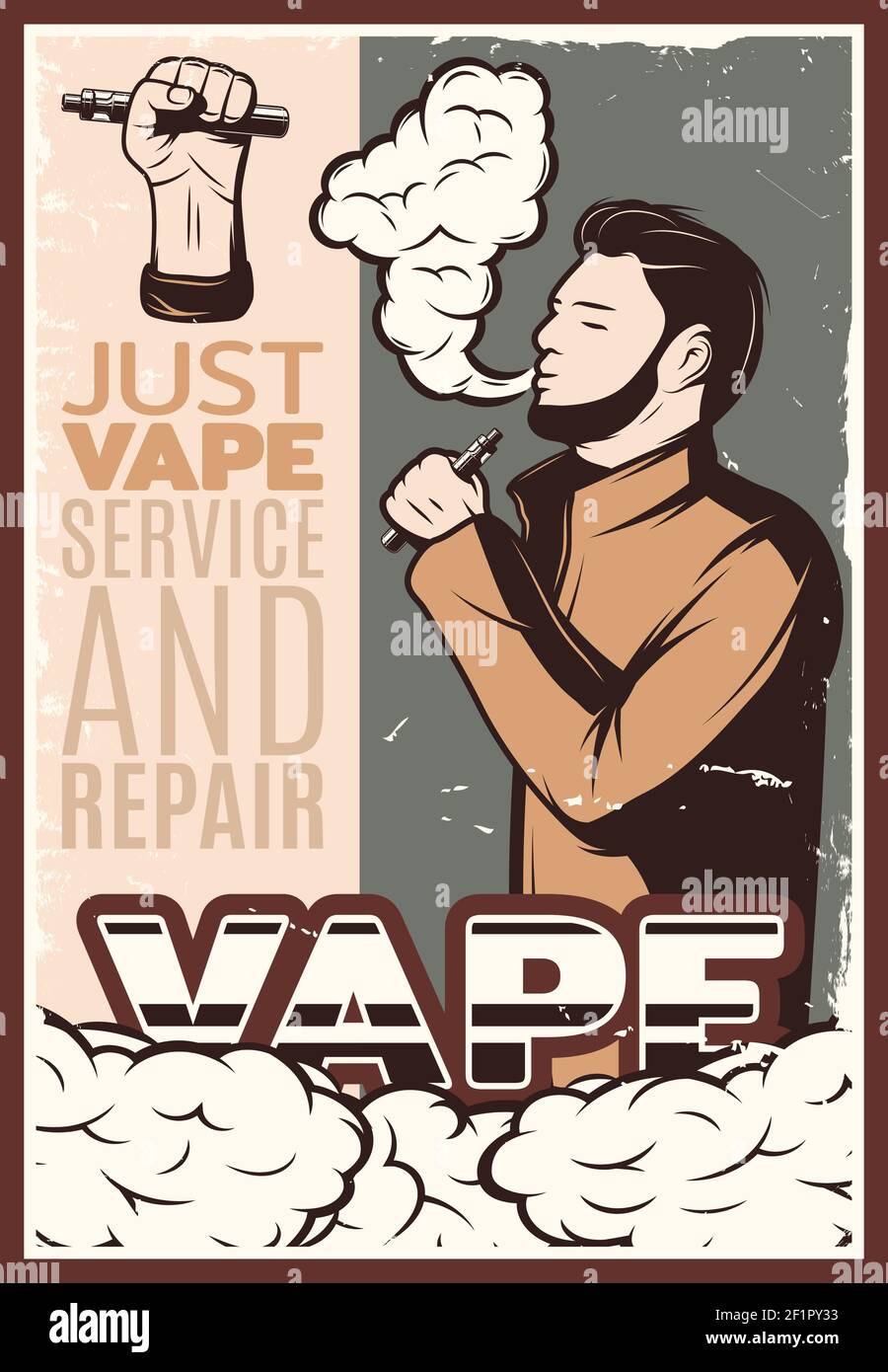 Vaping vintage poster with smoking electronic cigarette hipster and hand holding vaporizer ...