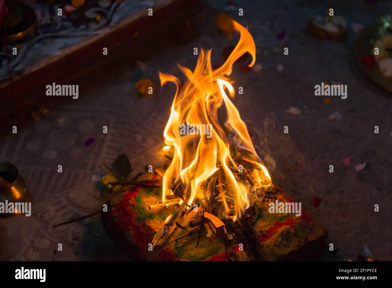 sacred fire burning during hindu religious rituals in local bengali ...