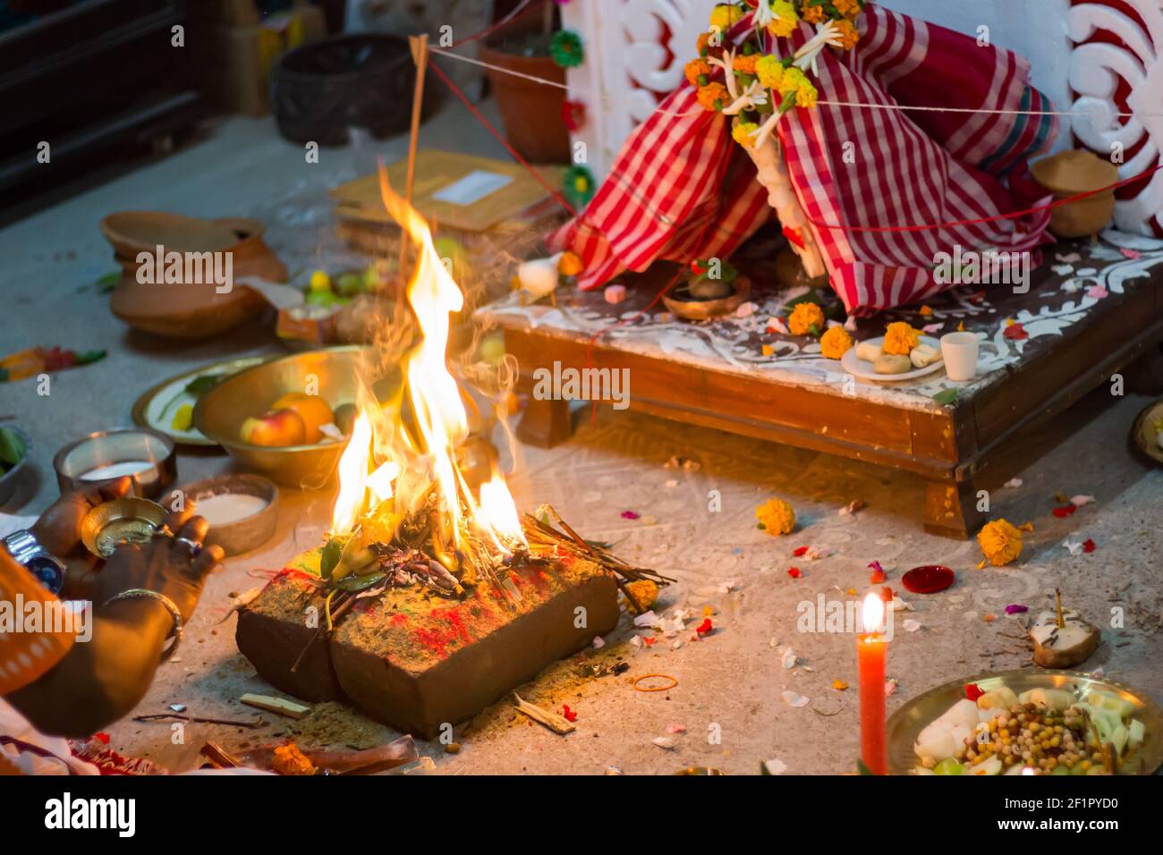 sacred fire burning during hindu religious rituals in local bengali ...