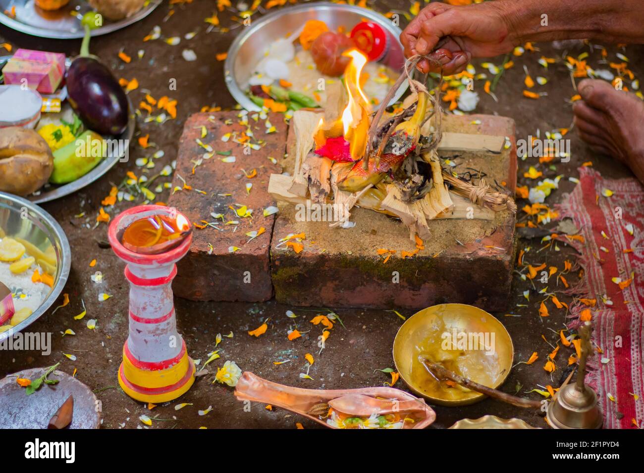sacred fire burning during hindu religious rituals in local bengali ...