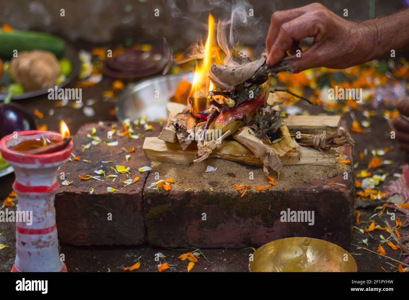 sacred fire burning during hindu religious rituals in local bengali ...