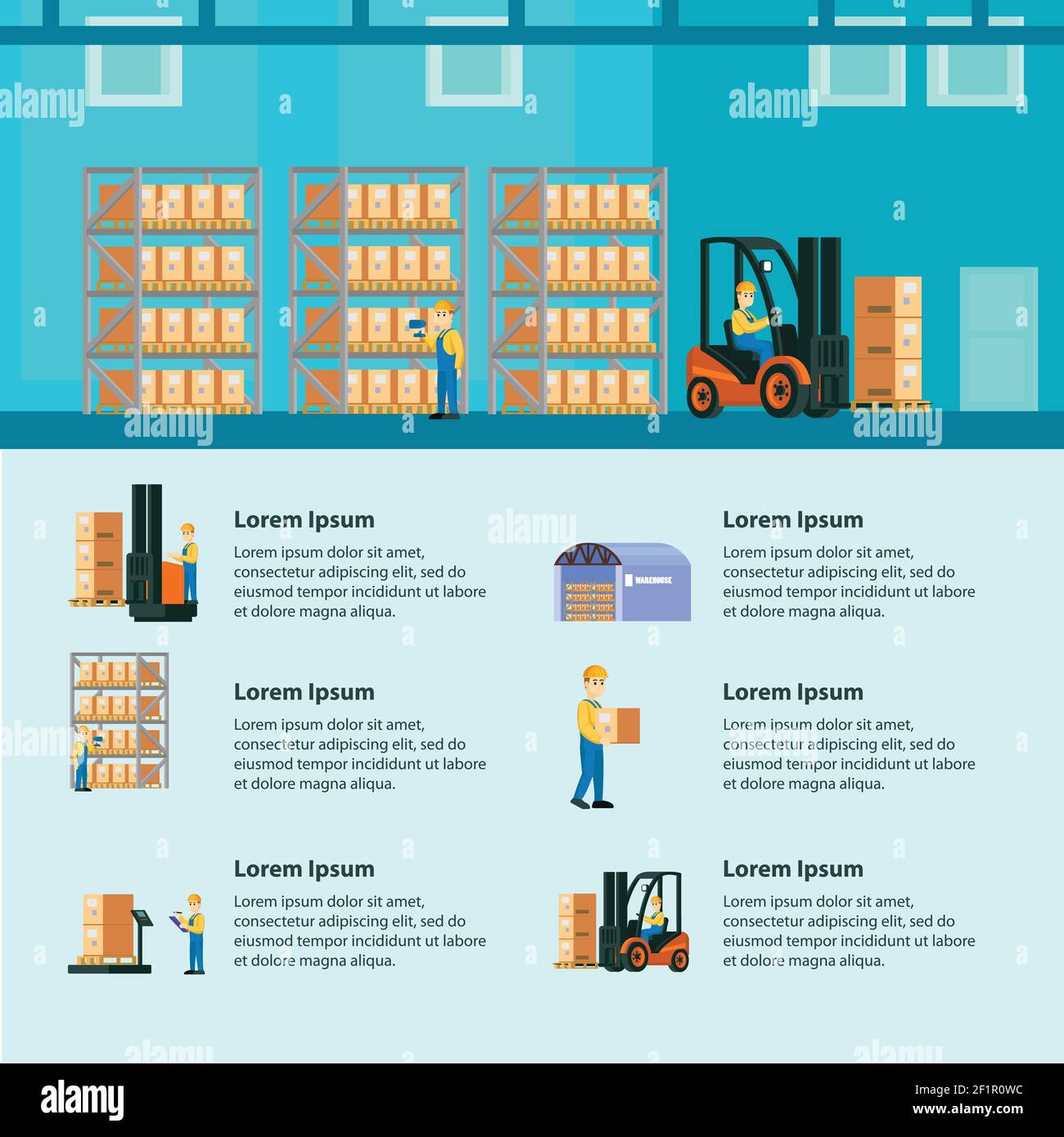 Logistic warehouse infographics with storage workers processes of ...