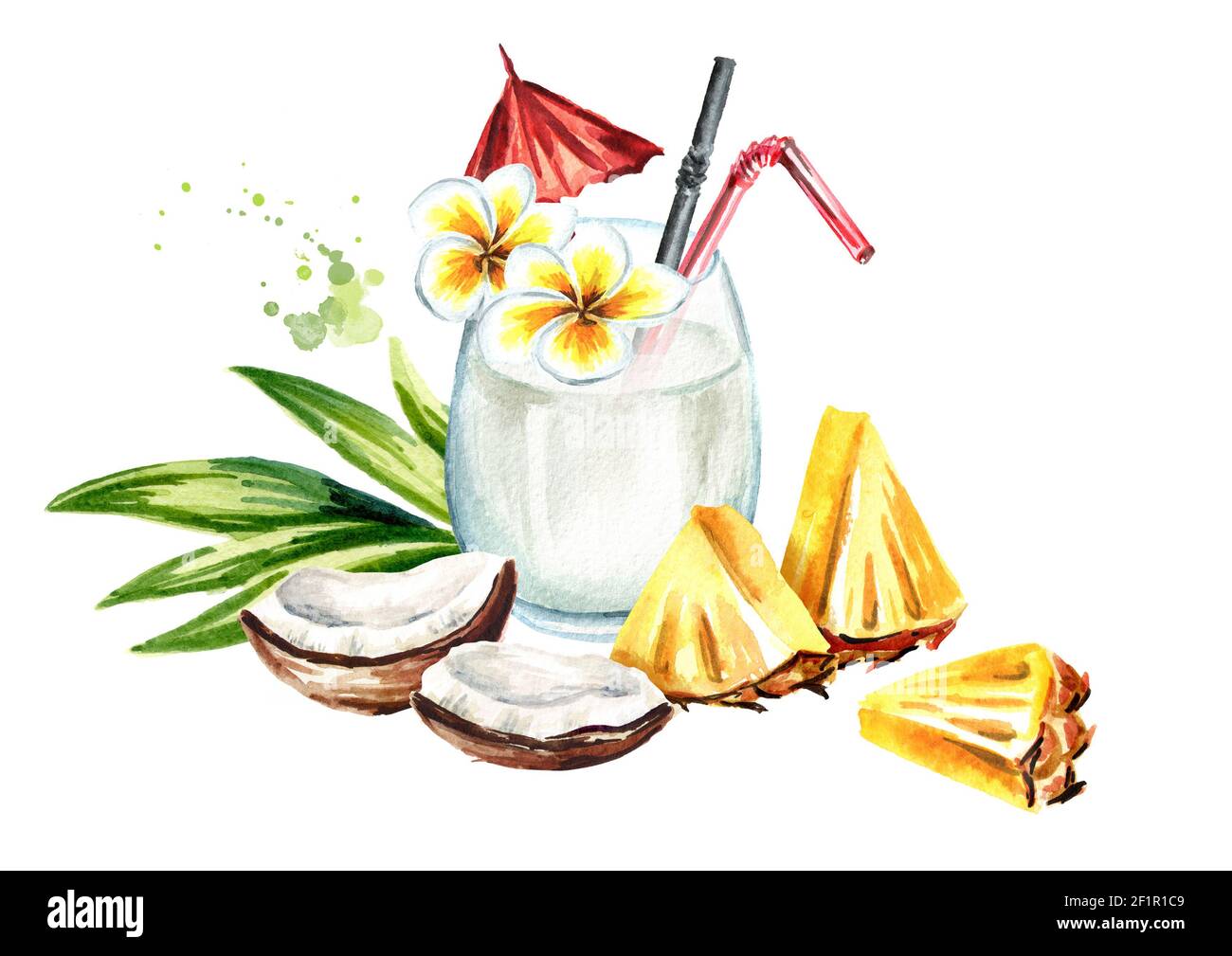 Pina colada cocktail with coconut and pineaple. Watercolor hand drawn ...