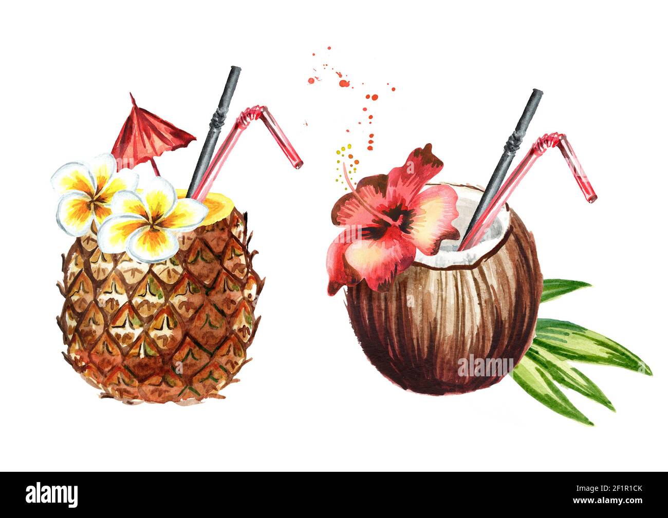 Pina colada cocktail set. Watercolor hand drawn illustration, isolated ...