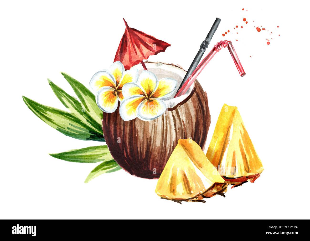 Pina colada cocktail. Watercolor hand drawn illustration, isolated on ...