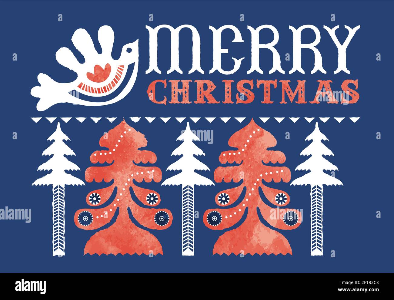 Merry Christmas vintage folk art greeting card, traditional nordic ...