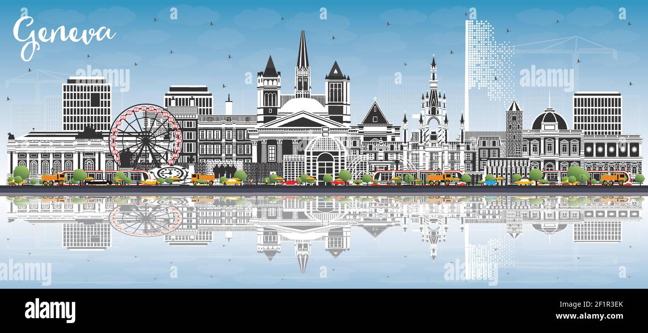 Geneva Switzerland City Skyline with Color Buildings, Blue Sky and ...