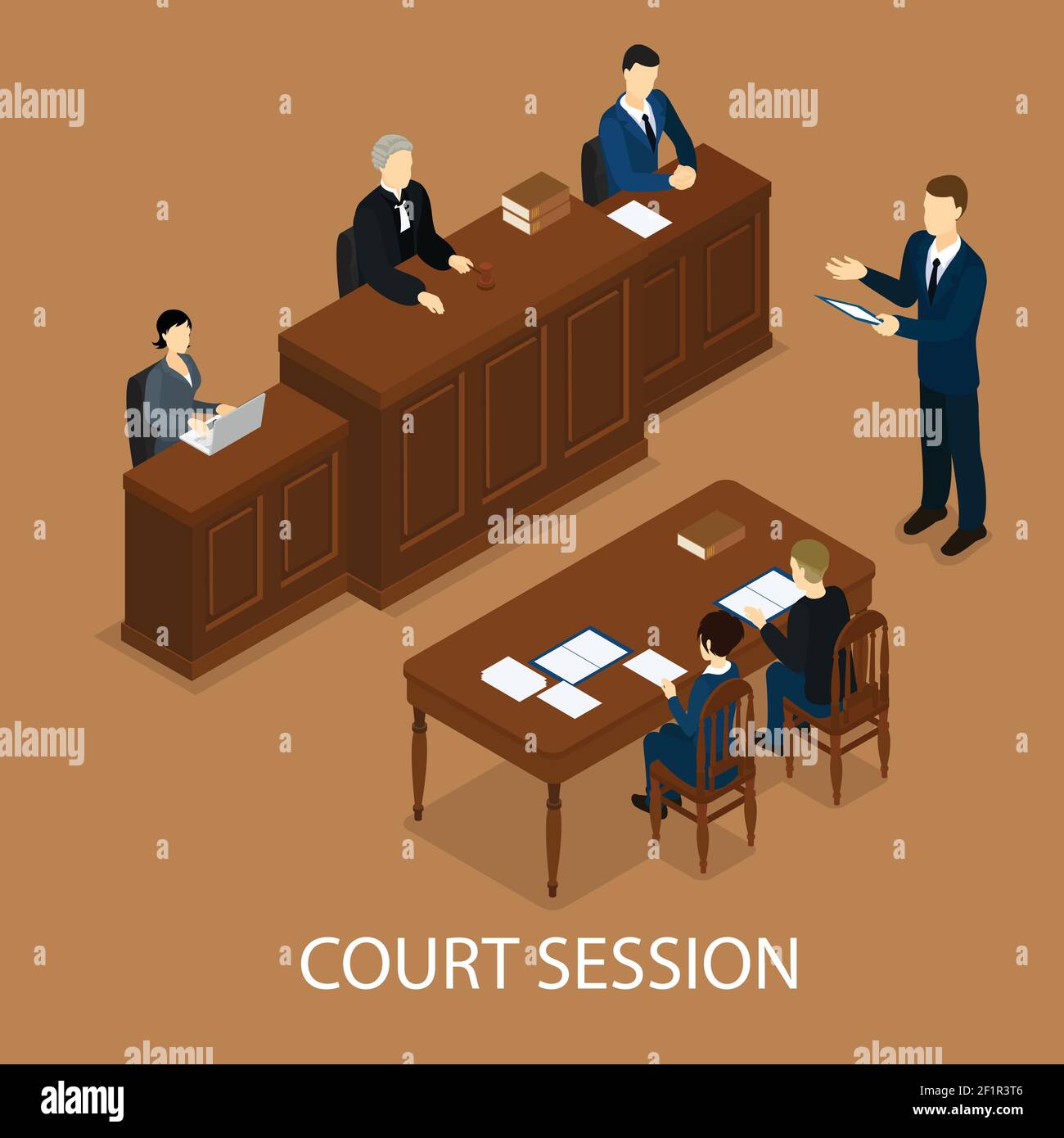 Isometric judicial session concept with judge at trial table and ...