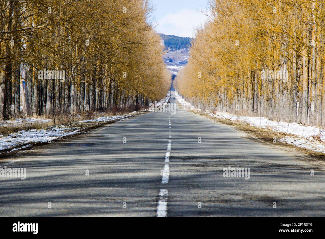 Highway and road landscape and view, winter snow and sunlight in ...