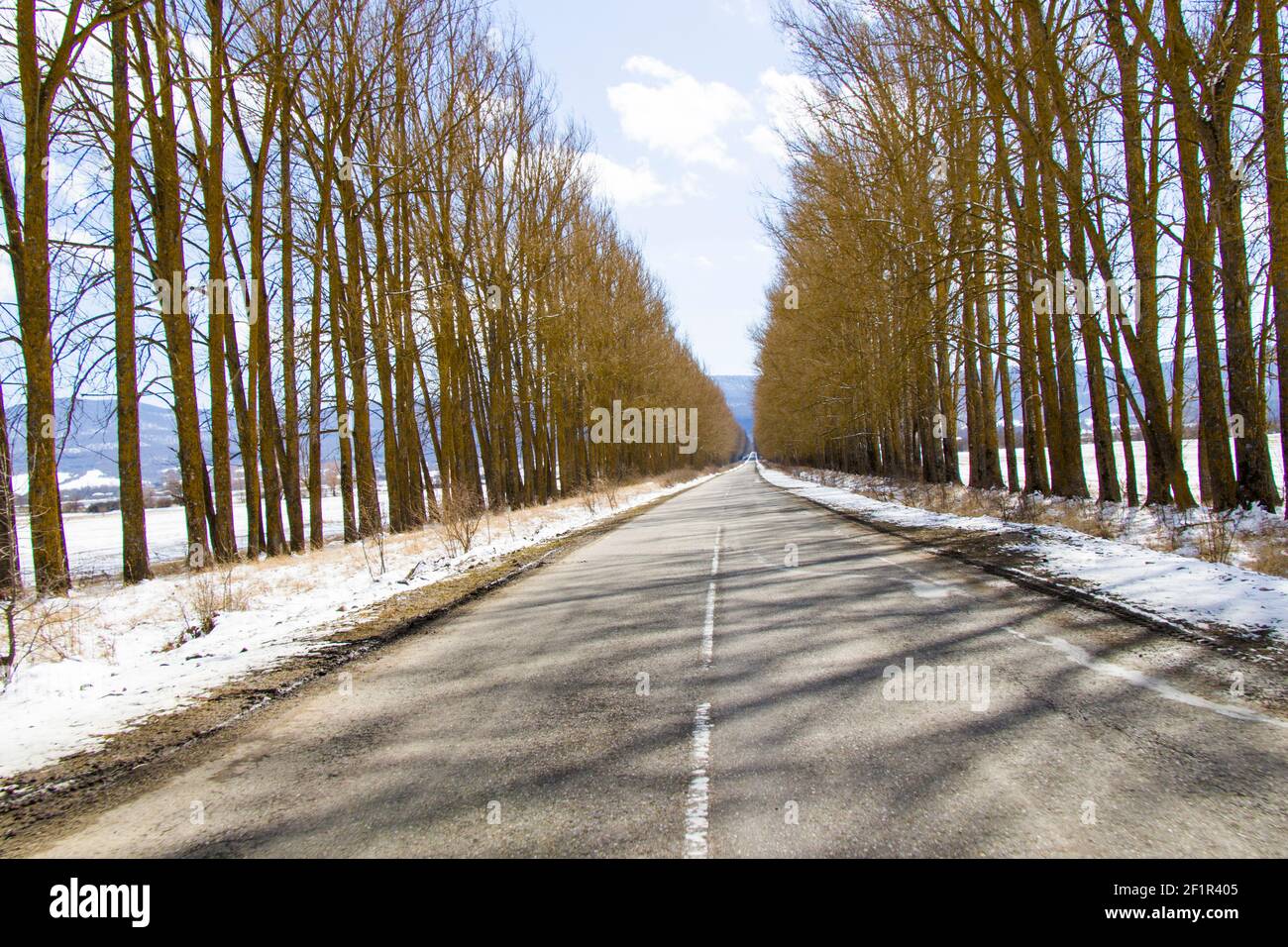 Highway and road landscape and view, winter snow and sunlight in ...