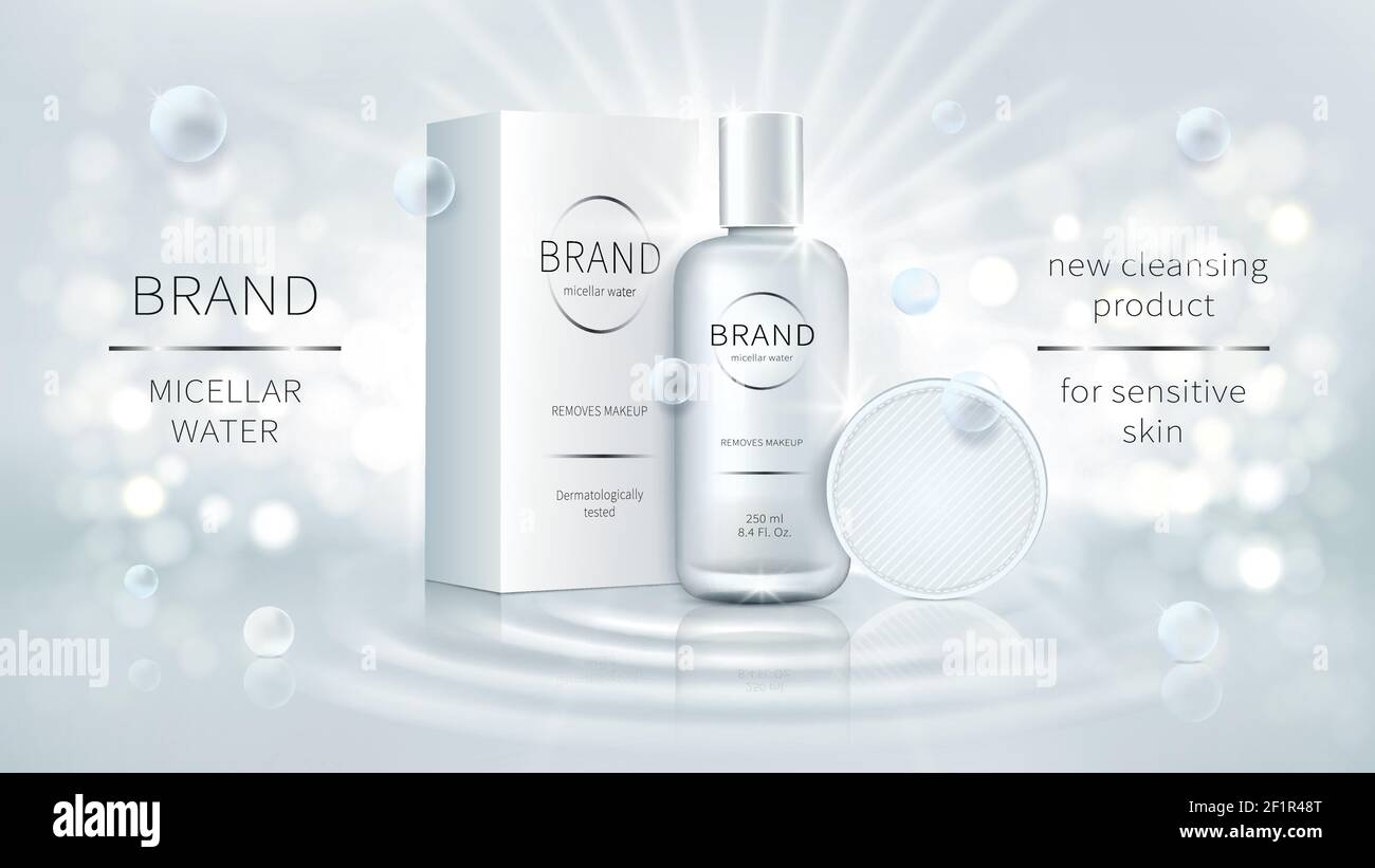 Vector cosmetic promo poster for make-up remover. White plastic bottle ...