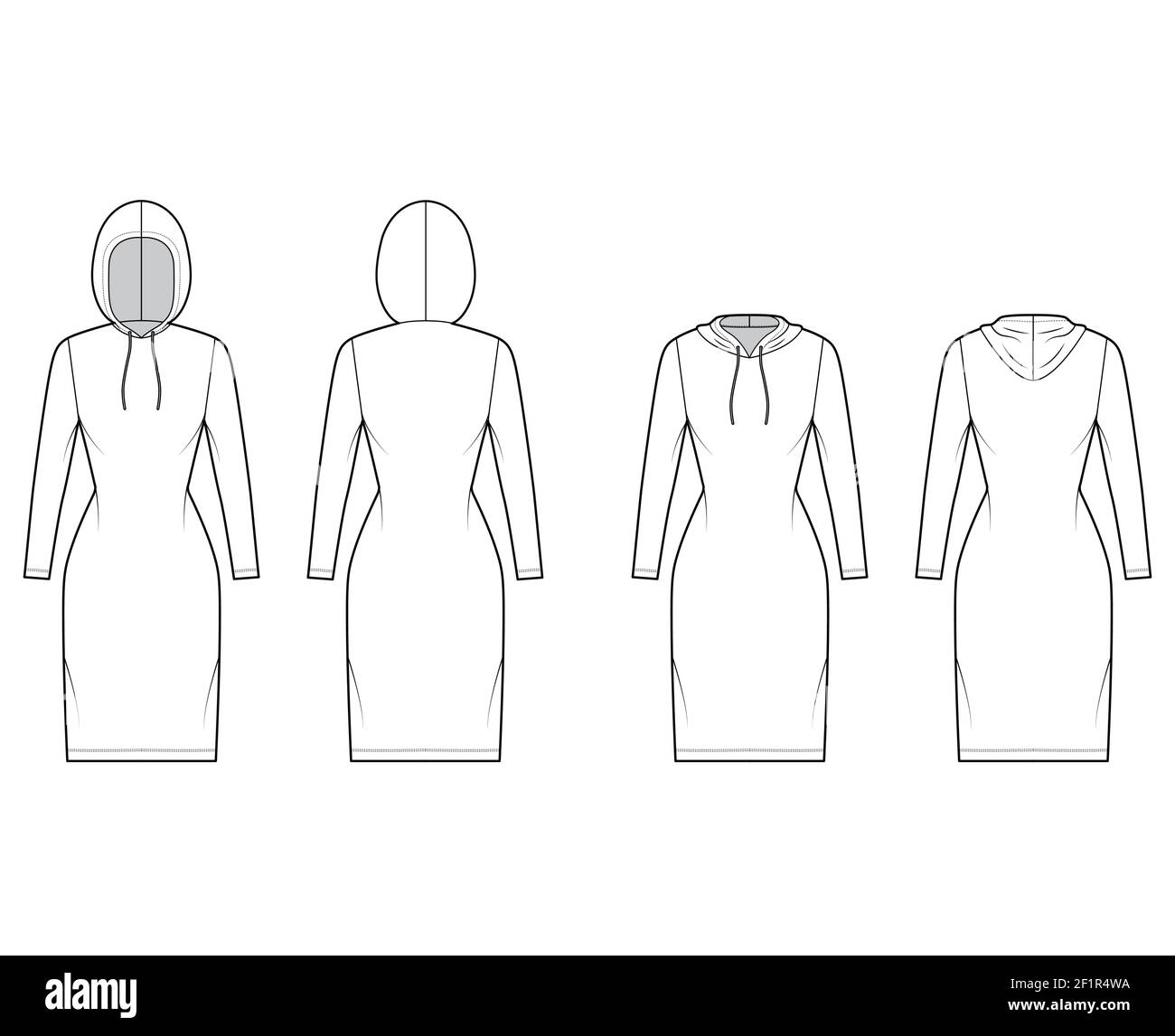 Set of Hoody dresses technical fashion illustration with long sleeves ...