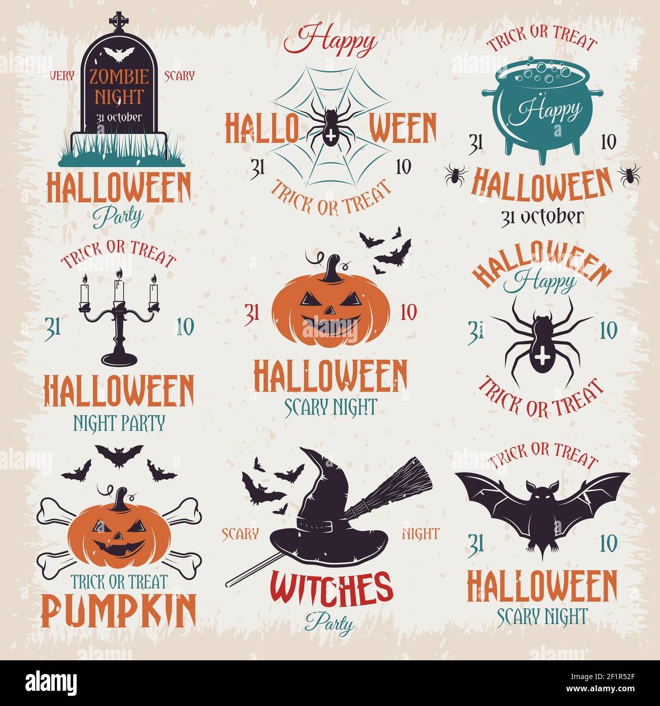 Halloween retro style emblems of parties and celebrations with holiday ...
